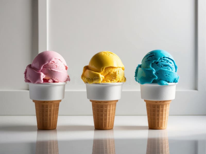 Three Ice Cream Cones Filled with Different Colored Ice Cream. Stock ...