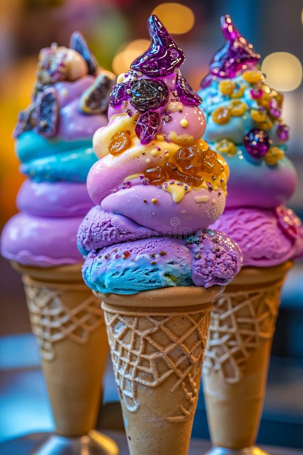 Three Ice Cream Cones Filled with Different Colored Ice Cream Stock ...