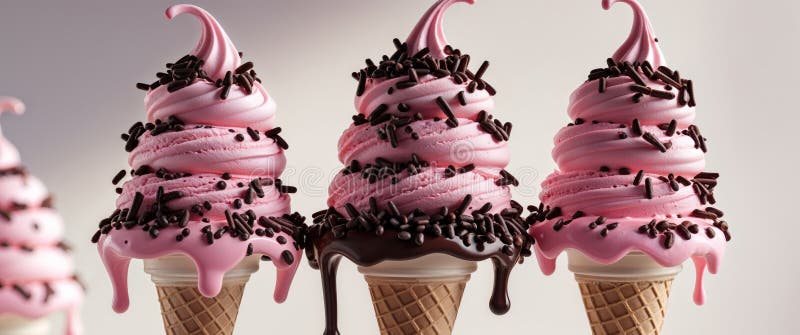 Three Ice Cream Cones with Pink and Chocolate Toppings on Top Stock ...