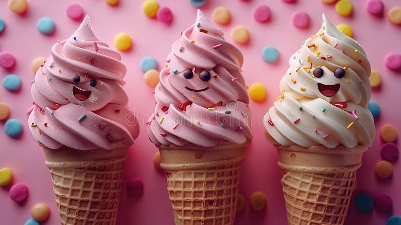 Three Ice Cream Cones with Sprinkles and Happy Faces Stock Illustration ...