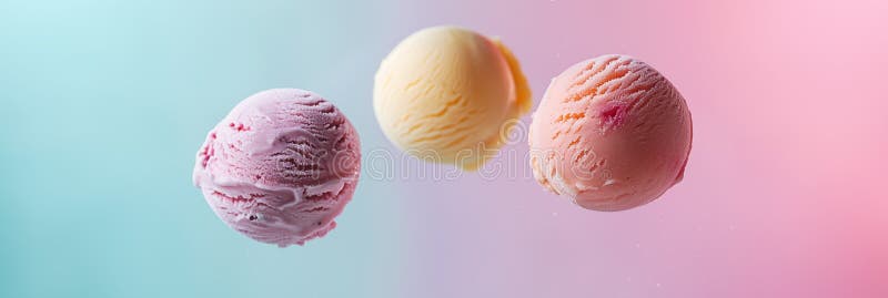 Three Ice Cream Scoops in Mid-air Against Gradient Pink and Blue ...
