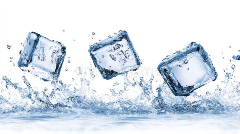 Three Ice Cubes Create Splashing Water Effects on a White Background ...