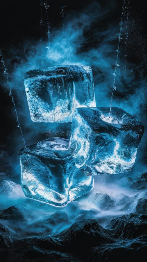 Three Ice Cubes are Floating in a Blue Watery Background, AI Stock ...