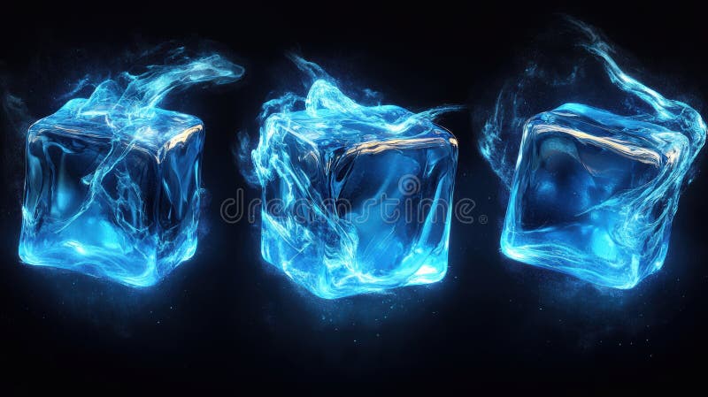 Three Ice Cubes are Glowing with Blue Light in the Dark, AI Stock Photo ...