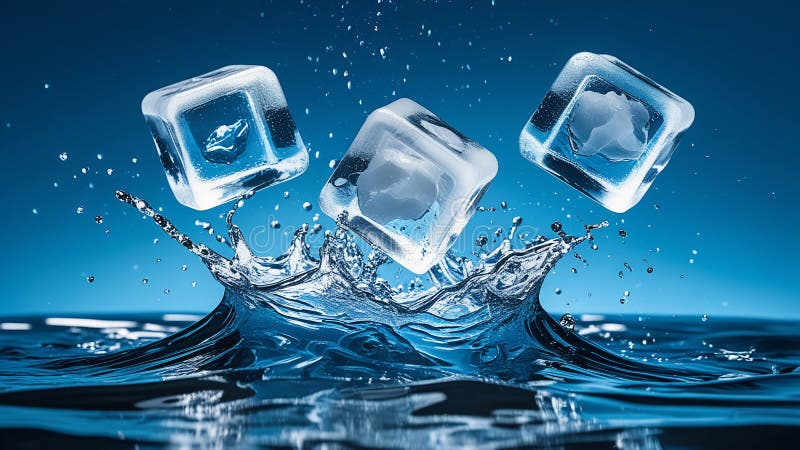 Three Ice Cubes Jumping from Water with Dynamic Splash and Blue ...