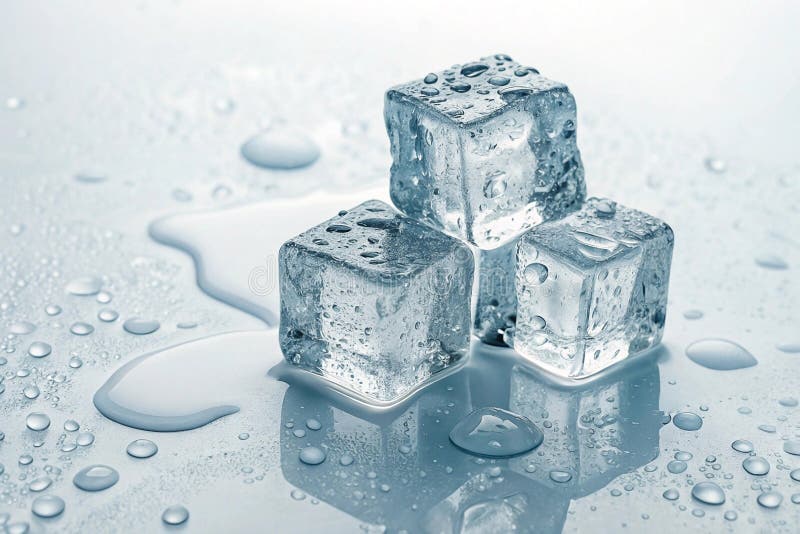 Three Ice Cubes Melting on a Reflective Surface with Water Droplets ...