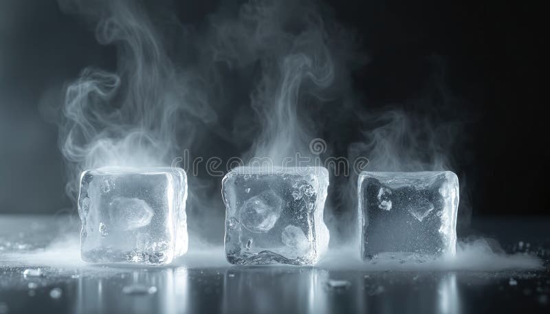 Three Ice Cubes Melting. Steam Rises, Creating Dynamic Contrast Stock ...