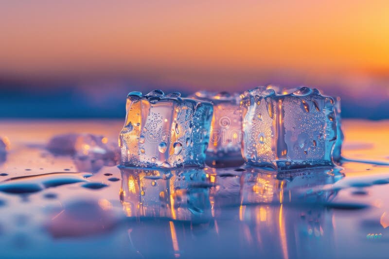 Three Ice Cubes Melting on Wet Surface during Sunset Stock Image ...