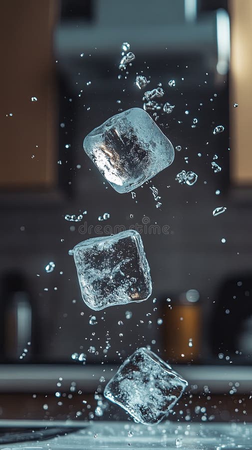 Three Ice Cubes Spinning in the Air in a Kitchen. Stock Illustration ...