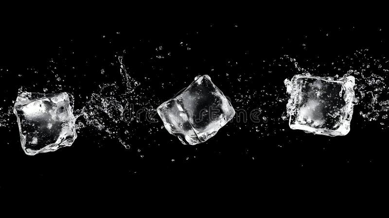 Three Ice Cubes Splashing in Midair Against Black Background Stock ...