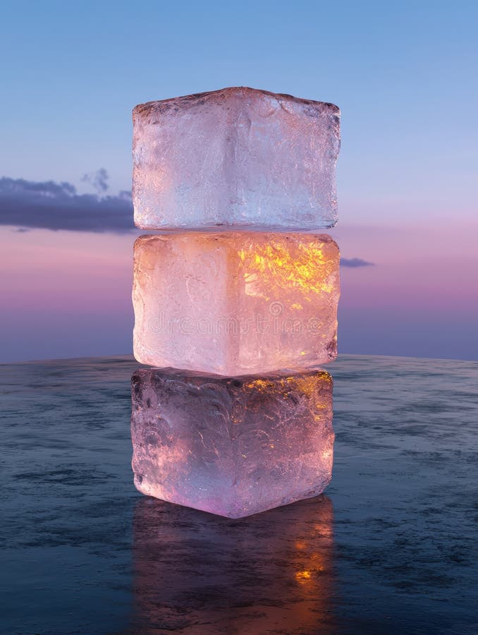 Three Ice Cubes Stacked on a Reflective Surface at Sunset. Stock ...