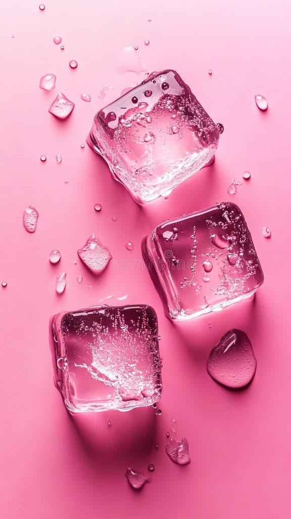 Three Ice Cubes with Water Droplets on a Pink Background Stock Photo ...