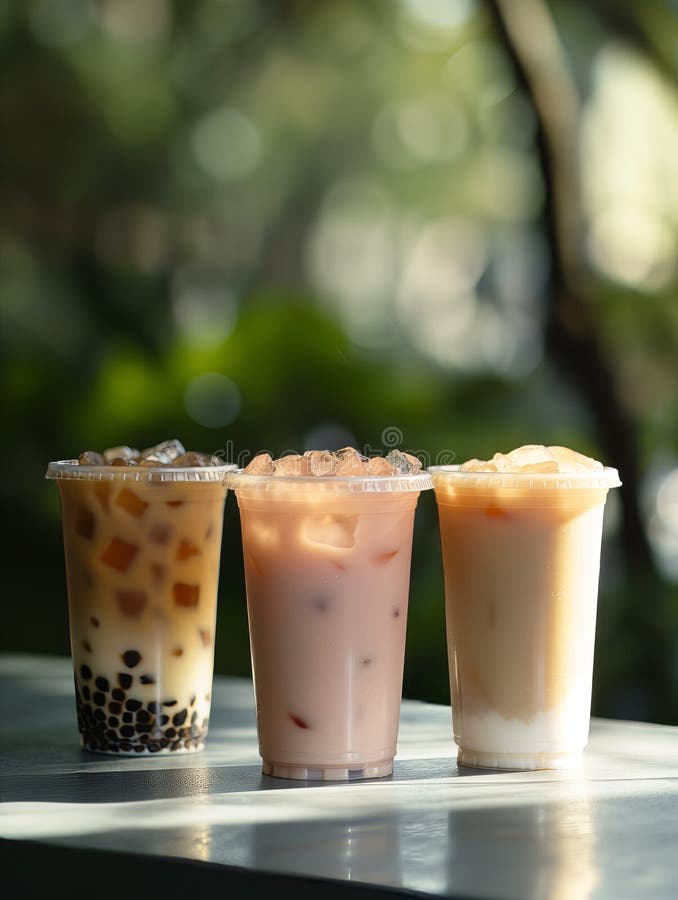 Three Iced Bubble Tea Drinks Standing on Table Outdoors Stock ...