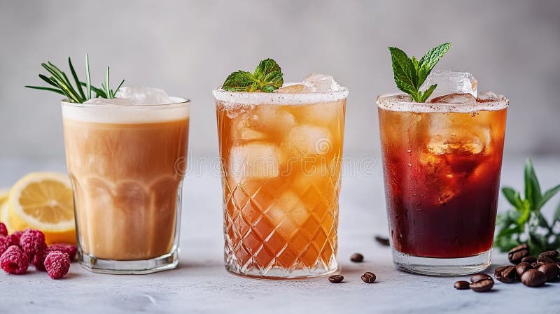 Three Iced Coffee Drinks Latte, Iced Coffee, and Cold Brew Garnished ...