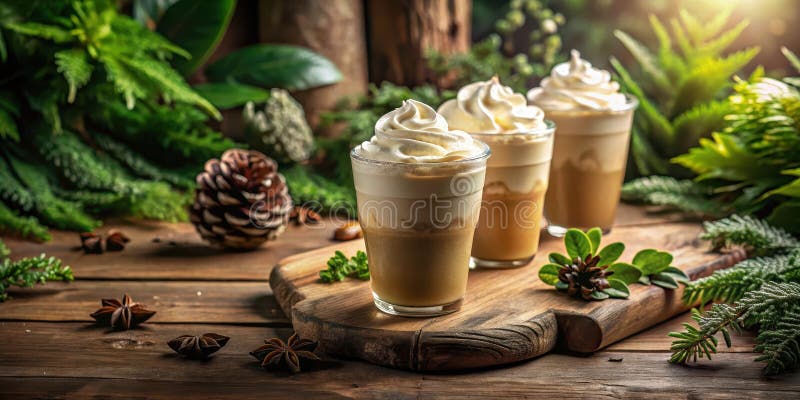 Three Iced Coffee Drinks with Whipped Cream on Rustic Wooden Board ...
