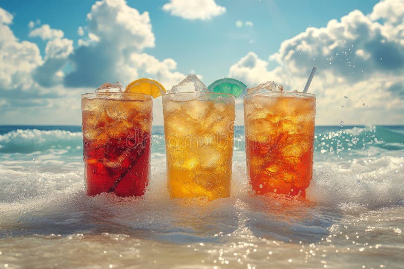 Three Iced Drinks on a Beach with Waves and a Sunny Sky Stock Photo ...
