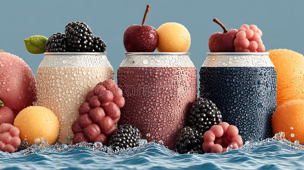 Three Icy Canned Drinks Surrounded by Fresh Fruit Stock Illustration ...