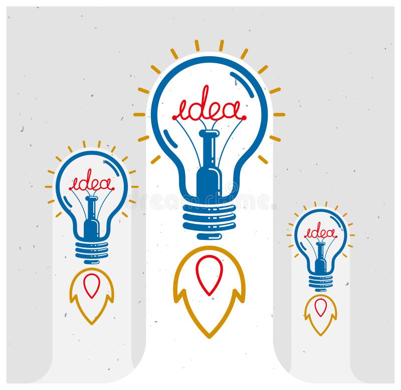 Three Idea Light Bulbs Launching Like a Rockets Vector Linear Logo or ...