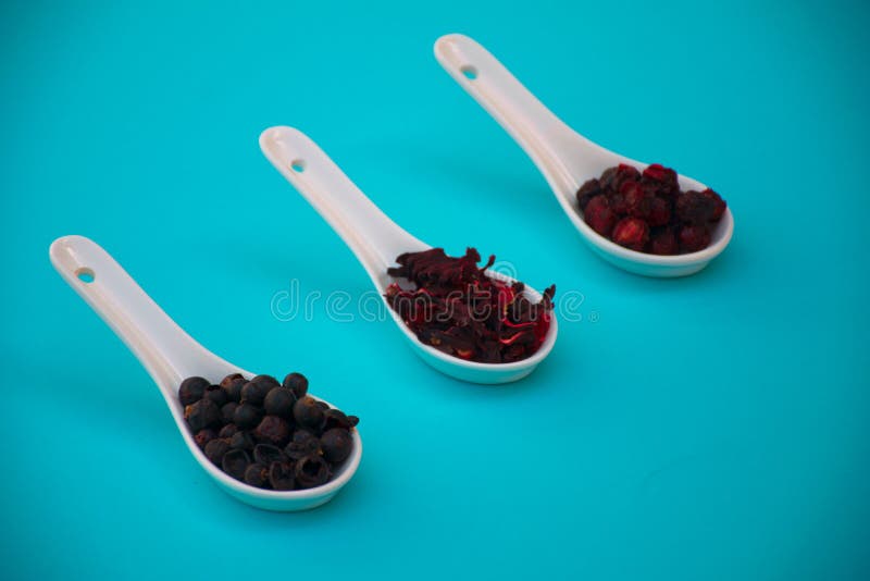 Red Berries in Ceramic Dishes on a Background of Blue Stock Image ...