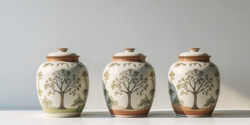 Three Identical Decorated Ceramic Jars with Tree Designs are Featured ...