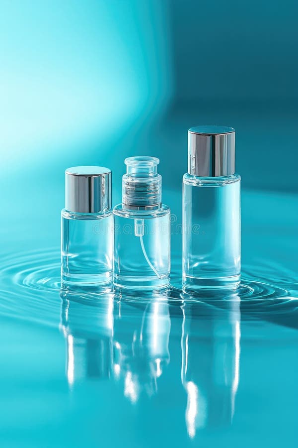 Three Identical Perfume Bottles on a Reflective Surface Stock Photo ...