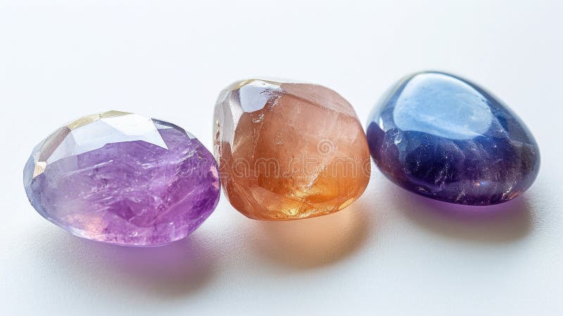 Three Identical-sized Gemstones, Amethyst, Rose Quartz, and Moonstone ...