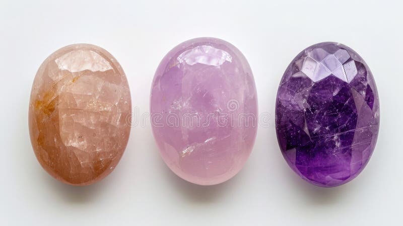 Three Identical-sized Gemstones, Amethyst, Rose Quartz, and Moonstone ...
