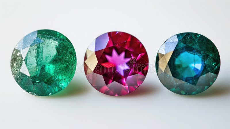Three Identical-sized Precious Stones, Sapphire, Emerald, and Ruby, Neatly Placed in a Row ...