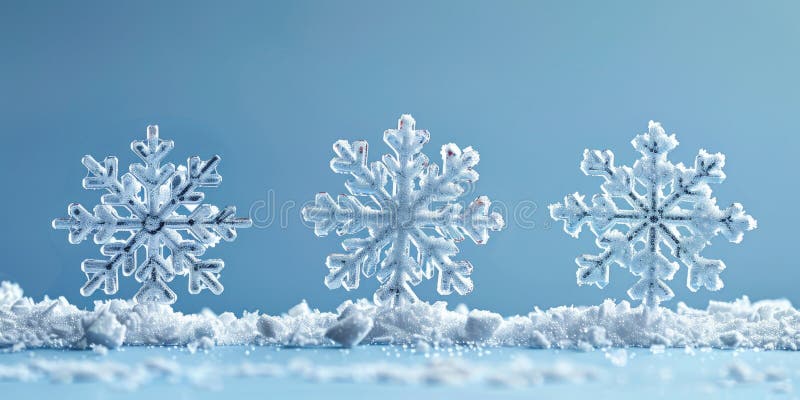 Three Identical Snowflakes Arranged in a Row on a Snowy Surface during ...