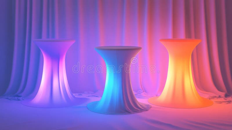 Three Illuminated Cocktail Tables with Colorful Lighting and Draped ...