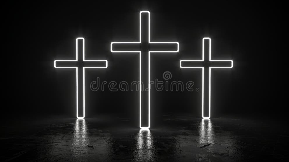 Three Illuminated Crosses Standing on a Dark Surface with Reflections ...