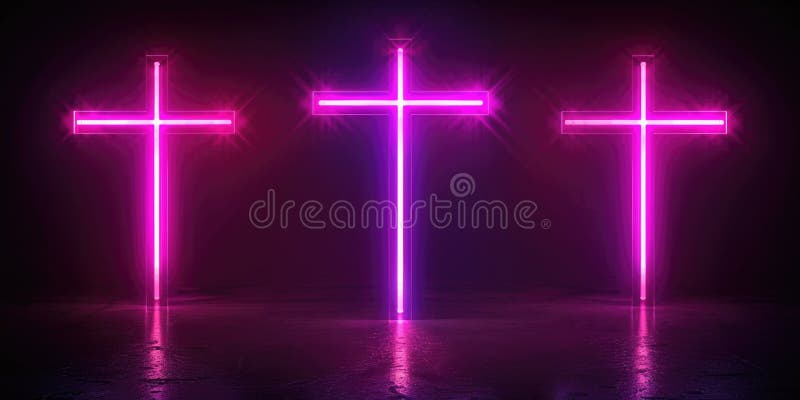 Three Illuminated Crosses Standing Upright in a Dimly Lit Space Stock ...