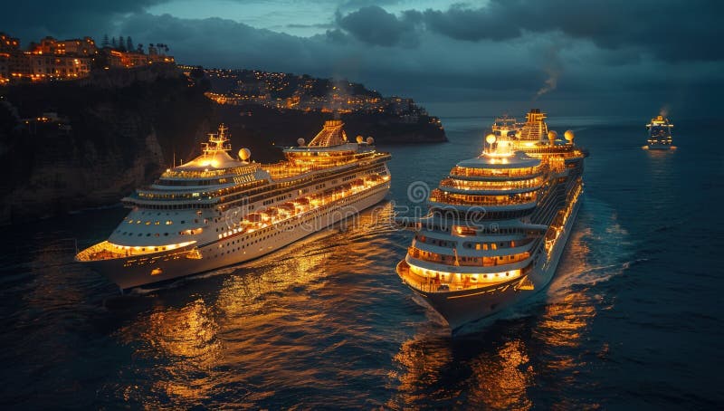 Three Illuminated Cruise Ships Sailing on a Calm Ocean Under a Dark Sky ...