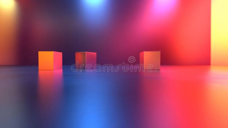 Three Illuminated Cubes on a Reflective Surface with Colorful Lighting ...