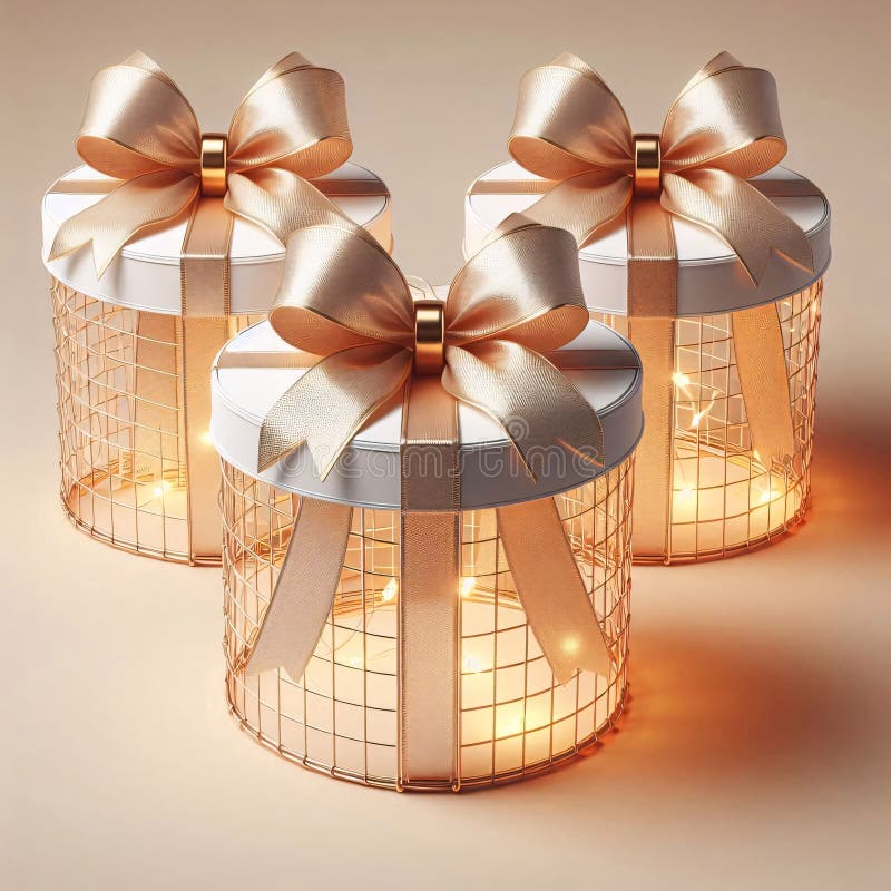 Three Illuminated Gift Boxes with Golden Bows Stock Illustration ...