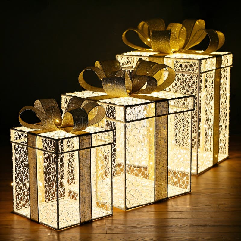 Three Illuminated Gift Boxes with Golden Bows Stock Illustration ...