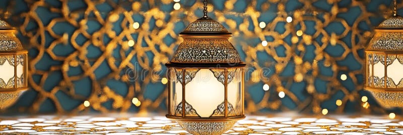 Three Illuminated Golden Ramadan Lanterns with Arabesque Pattern ...