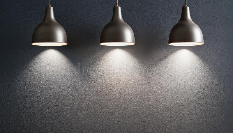 Three Illuminated Hanging Lamps Casting Light Spots on a Dark Grey Wall ...