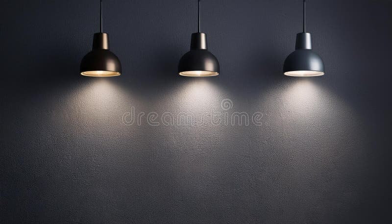Three Illuminated Hanging Lamps Casting Light Spots on a Dark Grey Wall ...