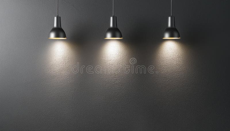 Three Illuminated Hanging Lamps Casting Light Spots on a Dark Grey Wall ...