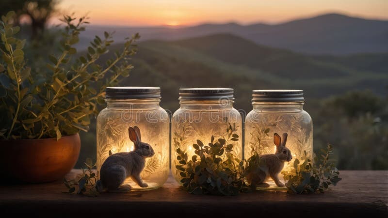 Magical Sunset: Three Adorable Rabbits in Illuminated Jars Stock ...