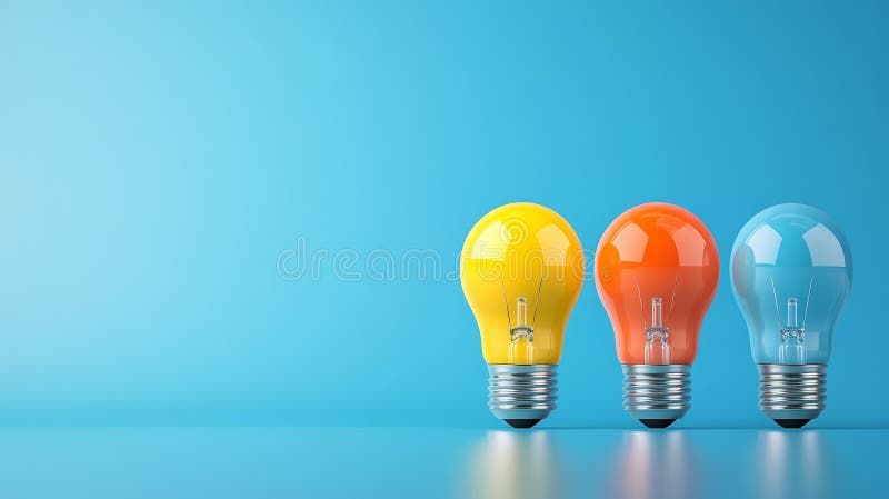 Three Illuminated Light Bulbs Against Vibrant Blue Backdrop Symbol of ...