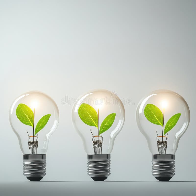 Three Illuminated Light Bulbs with Growing Plants Representing ...