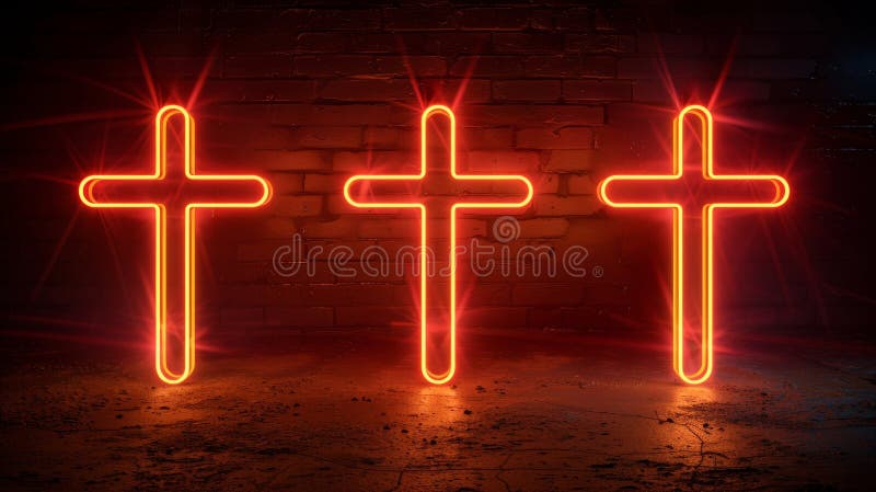 Glowing Neon Crosses Illuminated Against a Dark Background in an Urban ...