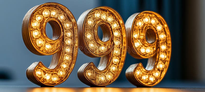 Three Illuminated Number Nine Digits with Round Light Bulbs Side by ...