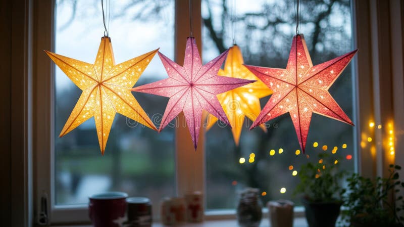 Three Illuminated Paper Stars Hanging in a Window Stock Illustration ...