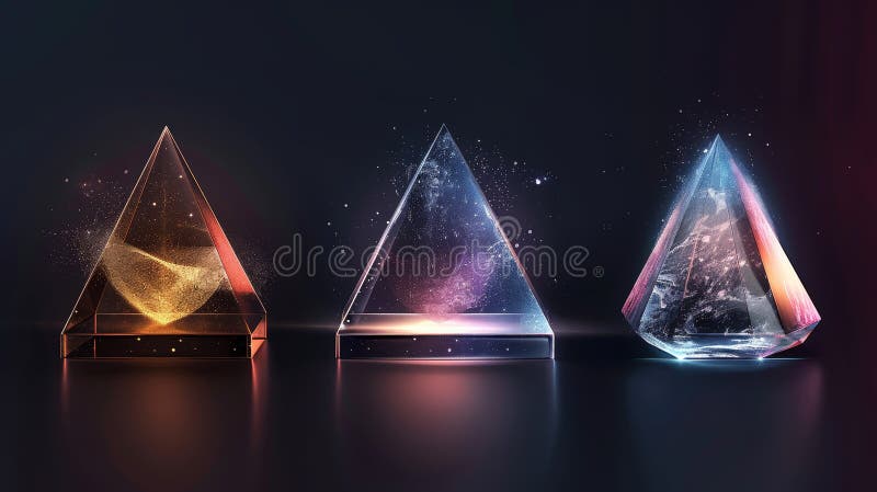 Three Illuminated Pyramids with Colorful Highlights, Showcasing ...