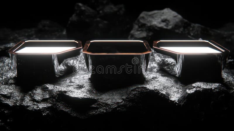 Three Illuminated Rectangular Objects on a Textured Dark Surface Stock ...