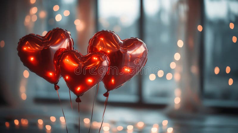 Three Illuminated Red Heart Balloons Float Near a Window Stock ...