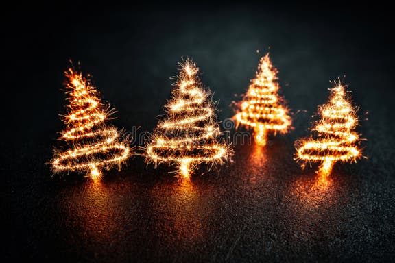 Three Illuminated Sparkle Trees Glowing on a Table Against a Dark ...